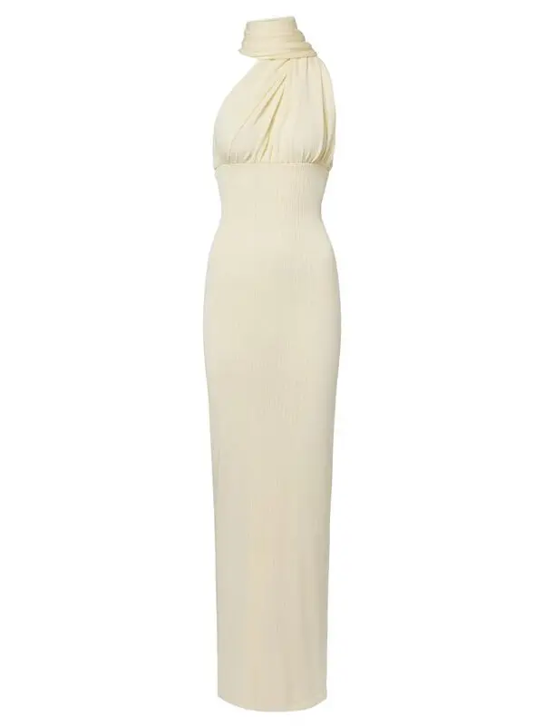 AYA MUSE Thea Scarf-detail Ribbed-knit Maxi Dress - Yellow