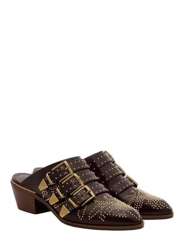 Chloé Susan Studded Leather Mules - Brown