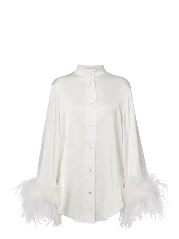 Oseree Bridal Feather-trimmed Satin Shirt - White
