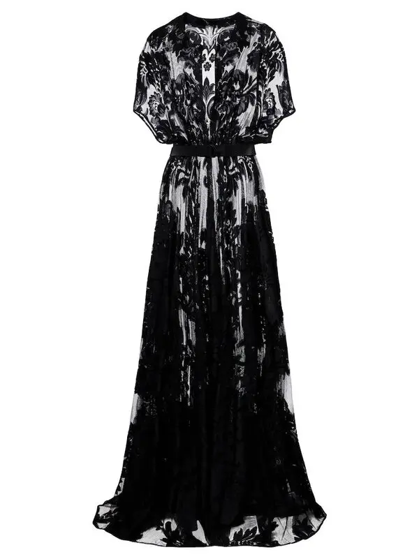 Norma Kamali Belted Sheer Lace Shirt Dress - Black