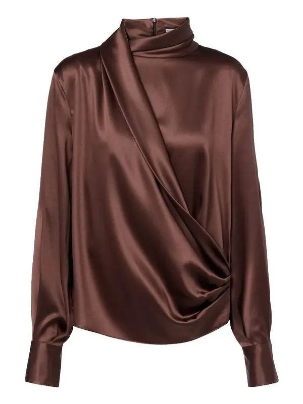 Brunello Cucinelli Draped Silk-blend Satin Blouse - Brown