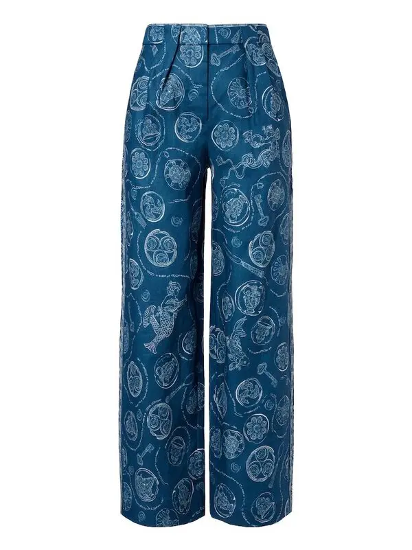 ALEMAIS Alémais Lucky Printed Wide-leg Linen Pants - Blue
