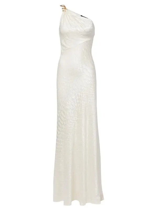Roberto Cavalli Snake-print One-shoulder Gown - White