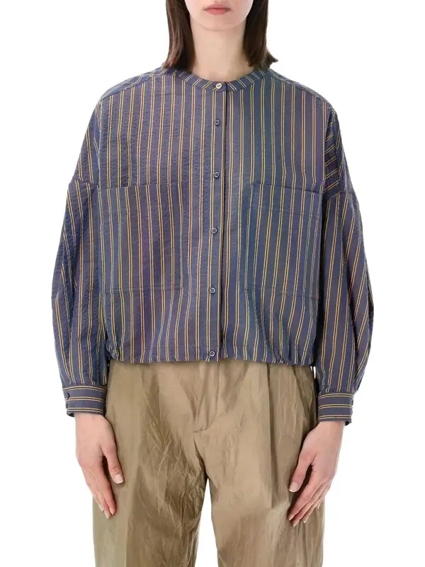 SESSUN Striped Seersucker Band Collar Shirt - Blue