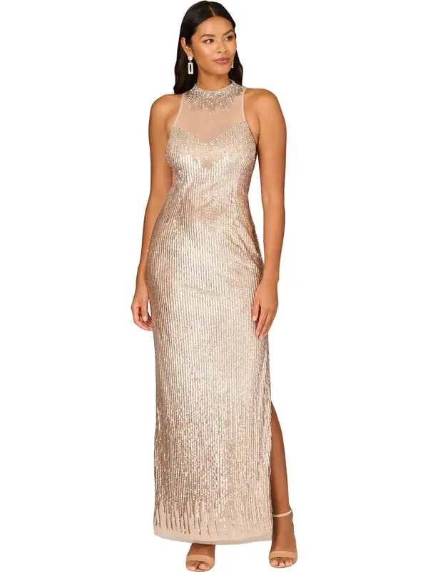 Aidan Mattox Sleeveless Beaded Column Gown With Illusion Neckline - Champagne