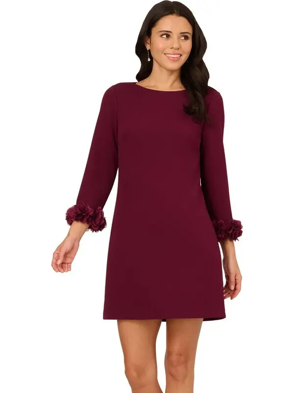 Adrianna Papell Three Quarter Sleeve Shift Dress With Floral Embellished Cuffs - Cabernet
