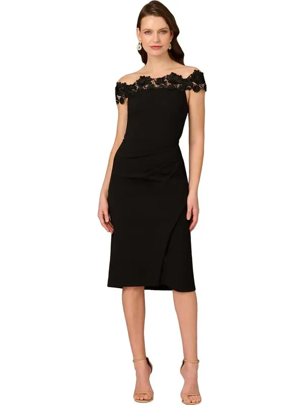Aidan Mattox Off-the-shoulder Lace-trim Sheath Midi Dress - Black
