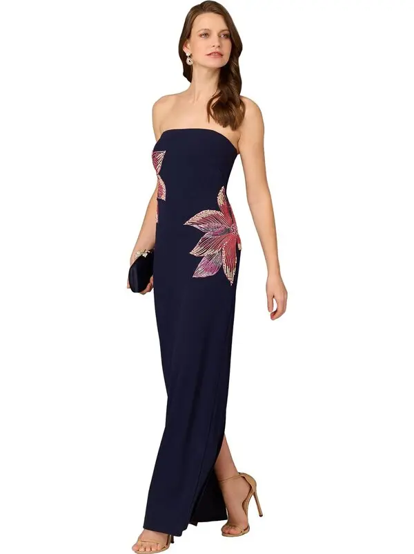 Aidan Mattox Strapless Beaded Flower Column Gown - Navy