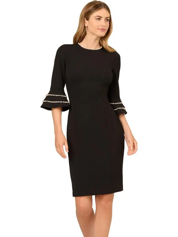 Adrianna Papell Three Quarter Bell Sleeve Pearly Trim Sheath Dress - Black/ivory