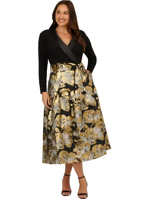 Adrianna Papell Floral Jacquard Midi Dress - Black/gold