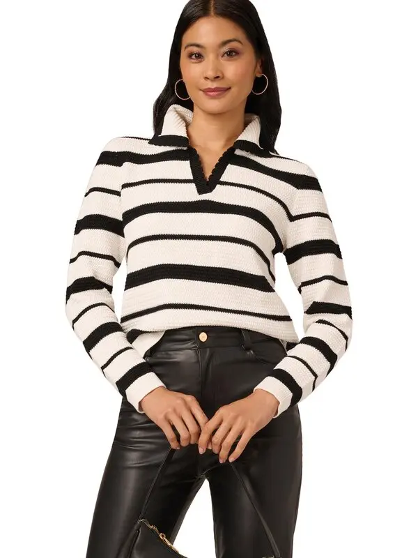 Adrianna Papell Long Sleeve Striped Polo Sweater Top - Ivory/black