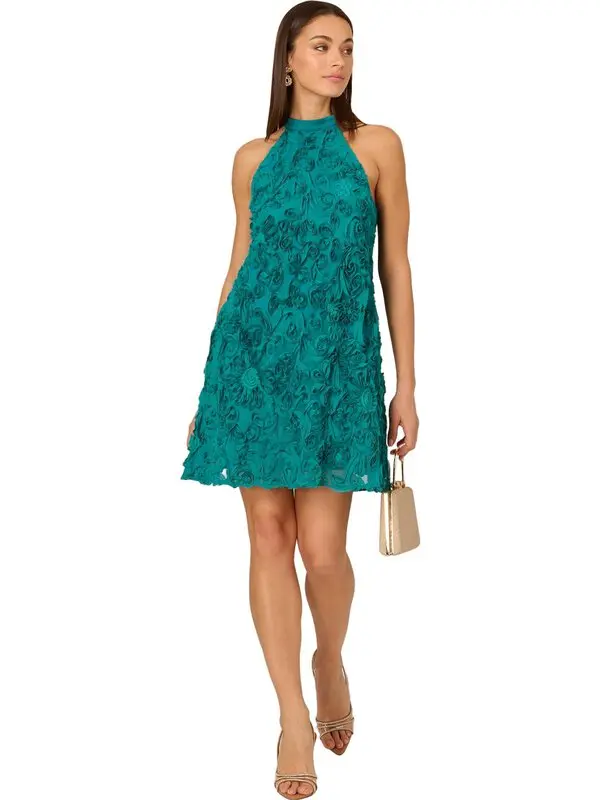 Adrianna Papell Soutache Embroidered Trapeze Dress - Teal Lagoon