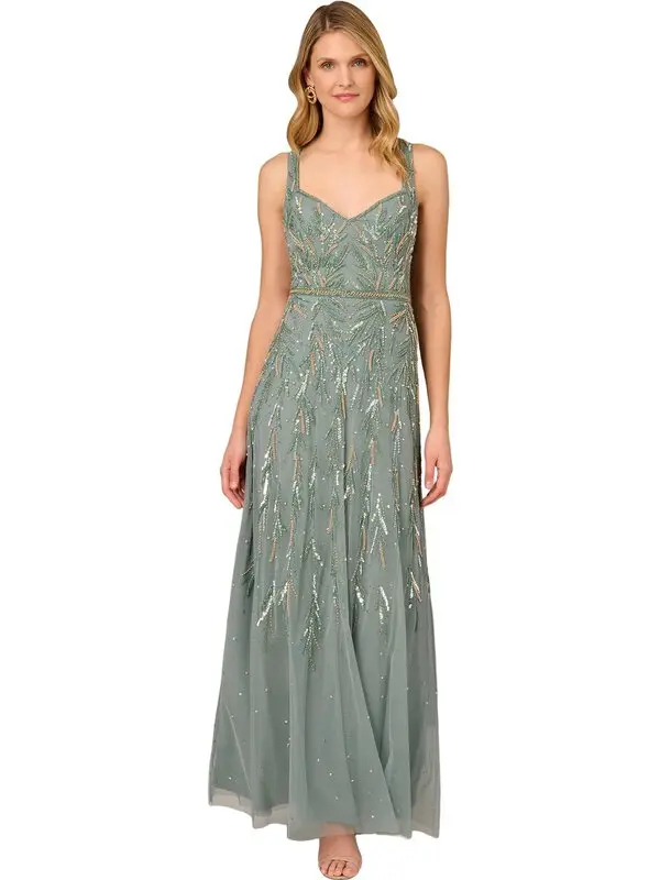 Aidan Mattox Beaded Mermaid Gown With Sweetheart Neckline - Dark Sage