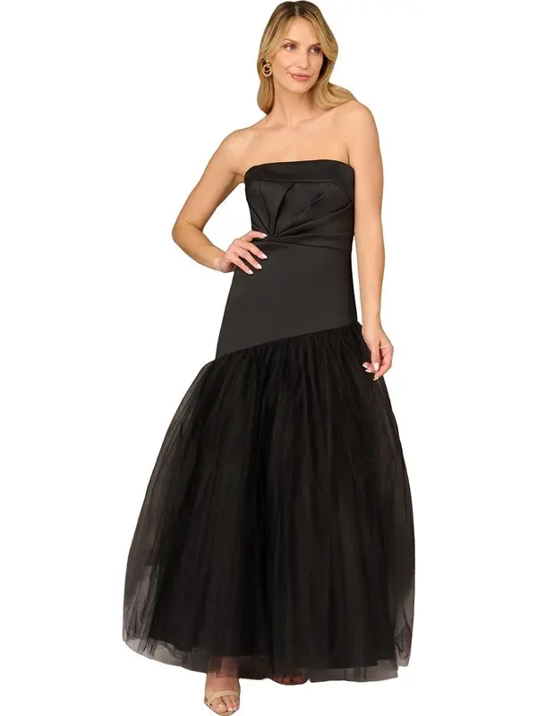 Aidan Mattox Strapless Mikado Ball Gown With Mesh Skirt - Black