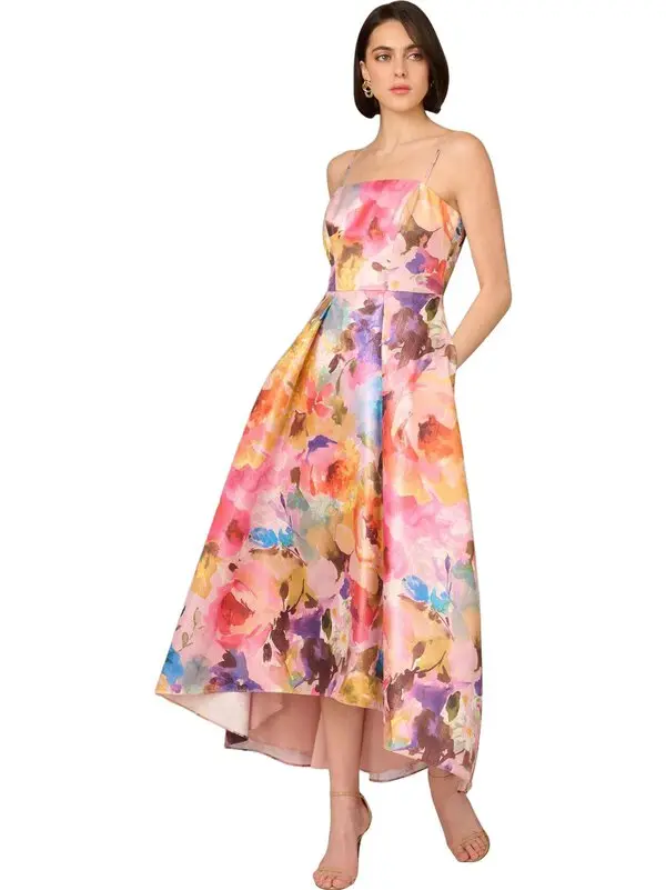 Aidan Mattox By Metallic Floral Jacquard High-low Gown With Pockets - Pink Multi