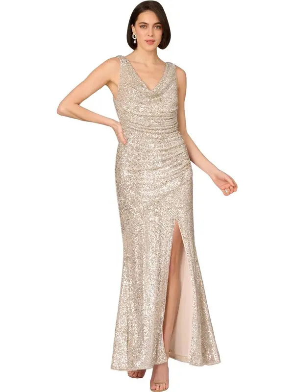 Aidan Mattox Stretch Sequin Sleeveless Cowl Neck Gown With Gathered Details - Champagne/silver