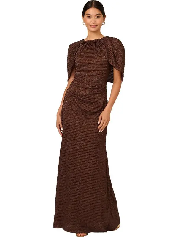 Adrianna Papell Pleated Metallic Cape Gown - Bronze