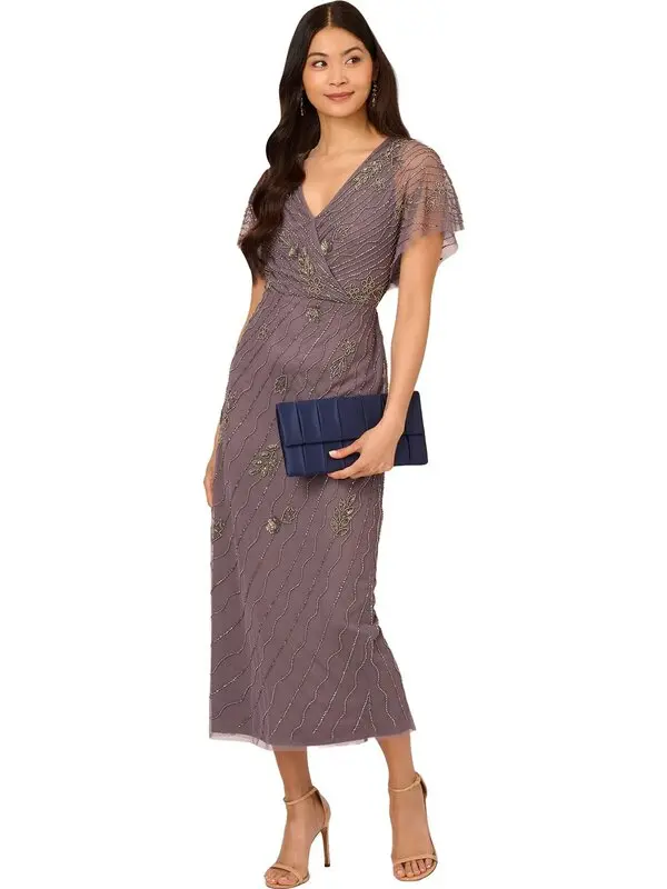 Adrianna Papell Beaded Ankle-length Dress With Flutter Sleeves - Moonscape