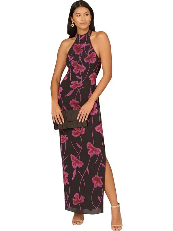 Aidan Mattox Beaded Floral Halter Gown - Black Multi