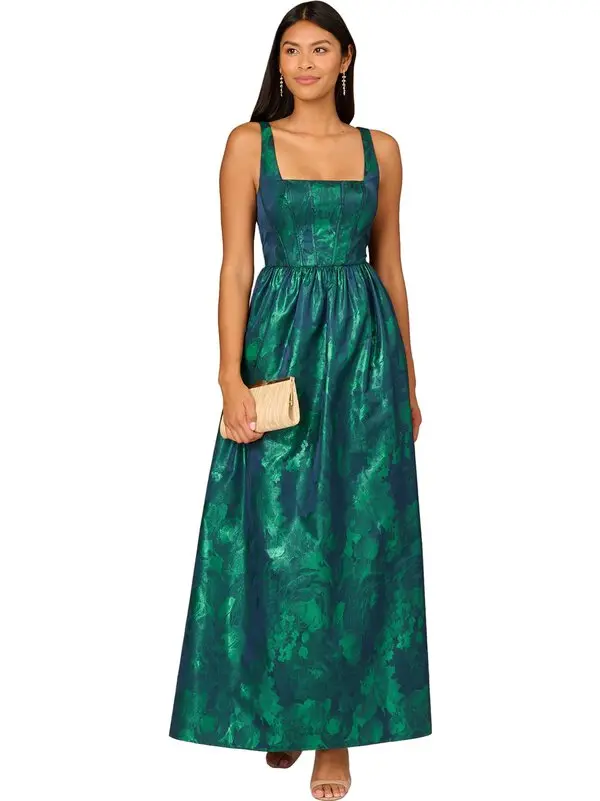 Aidan Mattox Lame Satin Jacquard Gown With Square Neckline - Dark Ivy