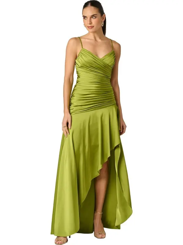 Adrianna Papell Asymmetrical High-low Stretch Satin Gown - Martini Olive