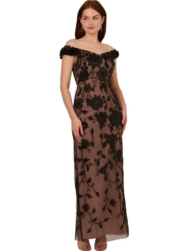 Adrianna Papell Off-the-shoulder Beaded Gown With Rosette Accents - Black/rosegold