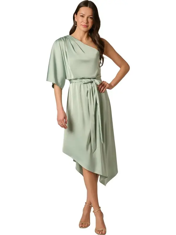 Adrianna Papell Asymmetrical Draped Stretch Satin Midi Dress - Icy Sage