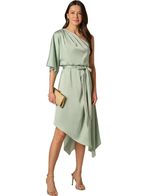 Adrianna Papell Asymmetrical Draped Stretch Satin Midi Dress - Icy Sage