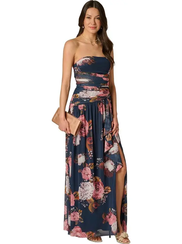 Adrianna Papell Strapless Ruched Floral Gown - Navy Multi