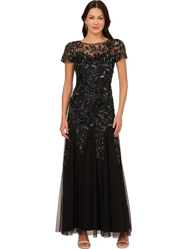 Adrianna Papell Hand Beaded Floral Godet Gown - Black/gunmetal