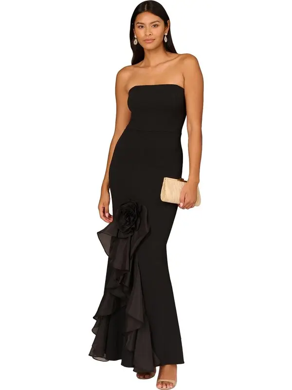Aidan Mattox Crepe Strapless Mermaid Gown With Organza Ruffle Skirt - Black