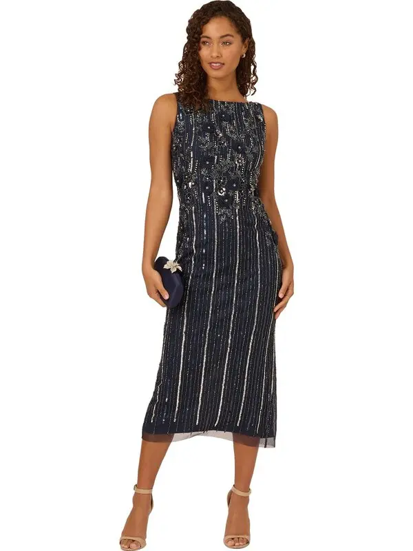 Adrianna Papell Sleeveless Ankle Length Dress With 3d Beaded Flowers - Navy/gunmetal