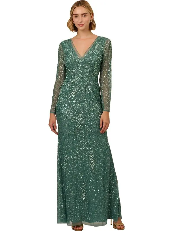 Adrianna Papell Beaded Mermaid Gown - Green Slate