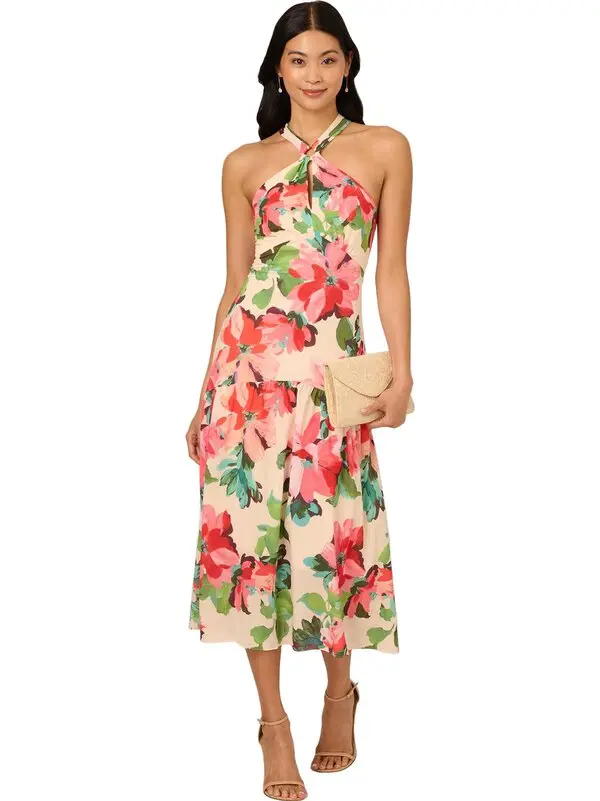 Adrianna Papell Floral Keyhole Halter Flounce Dress - Blush Multi