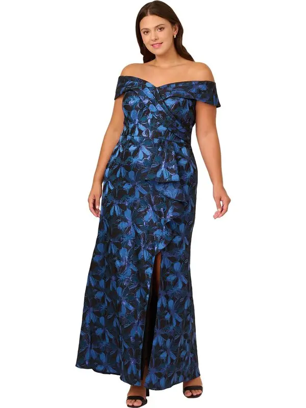 Adrianna Papell Off-the-shoulder Jacquard Gown - Blue Multi