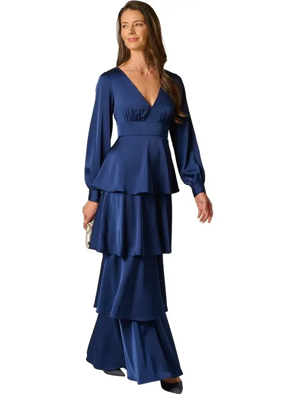Adrianna Papell Long Sleeve Satin Tiered Gown - Navy Sateen