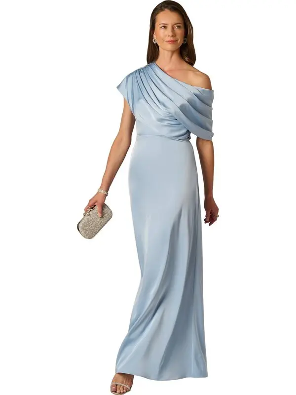 Adrianna Papell Asymmetrical Draped Neck Stretch Satin Gown - Elegant Sky