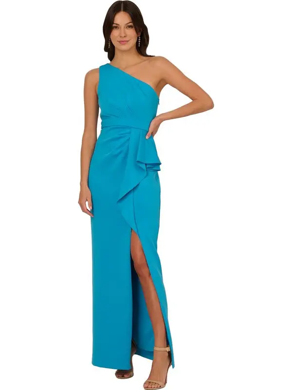Adrianna Papell One Shoulder Draped Column Gown - Blue Azure