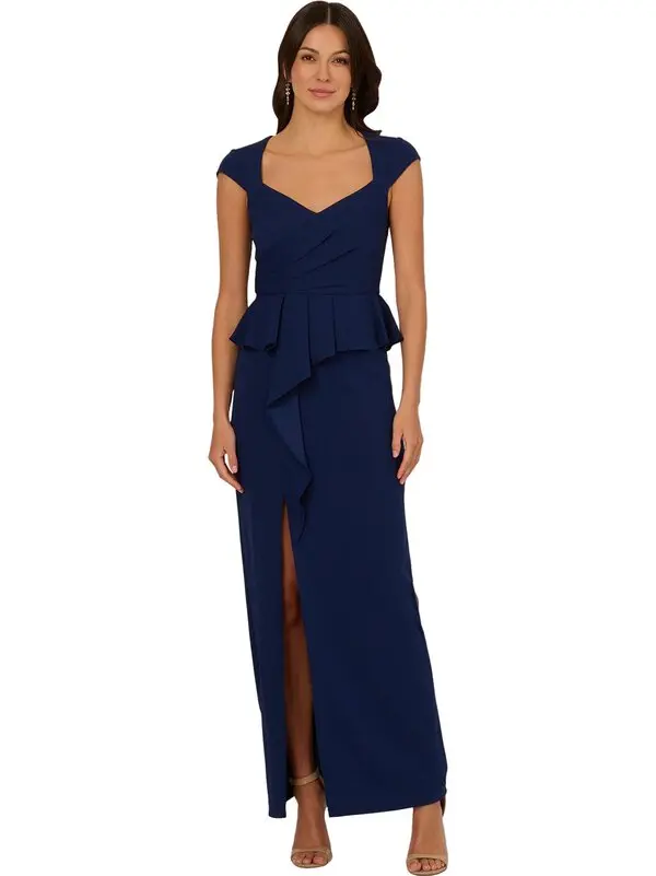 Adrianna Papell Cap Sleeve Draped Peplum Gown - Navy Sateen