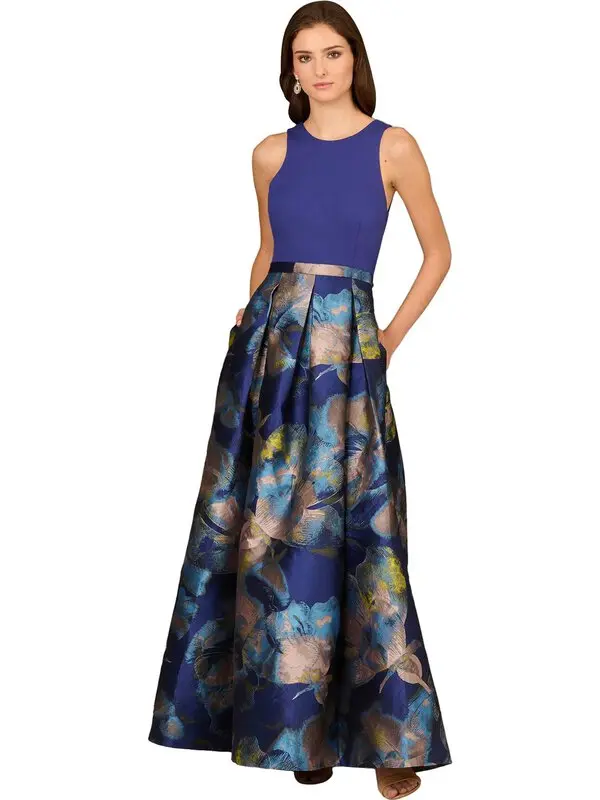 Aidan Mattox Sleeveless Floral Jacquard Combo Ballgown - Blue/yellow Multi