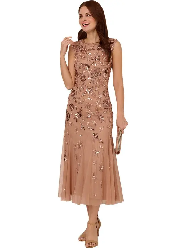 Adrianna Papell Floral Beaded Ankle Length Gown - Rose Gold