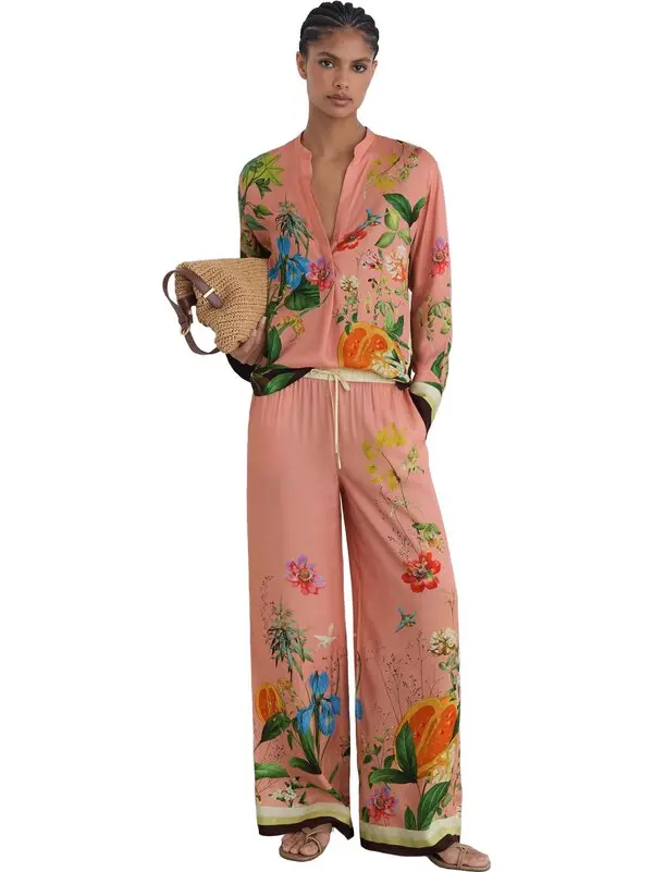 REISS Milos Petite Tropical Scarf-print Wide-leg Trousers - Pink