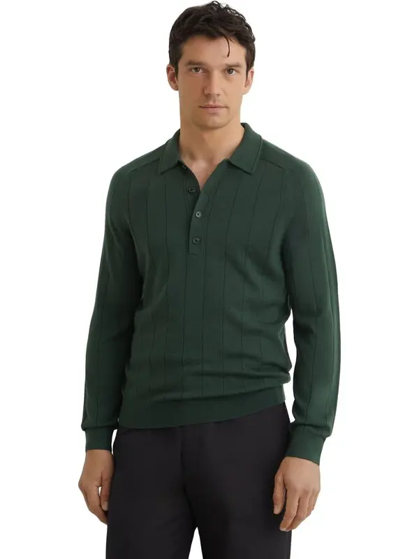 REISS Merino Wool Wide-rib Polo Jumper - Dark Green