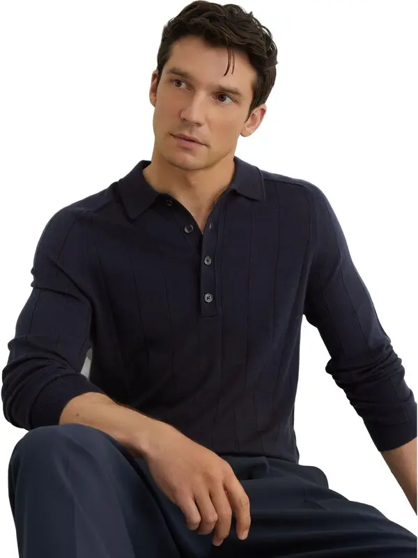 REISS Merino Wool Wide-rib Polo Jumper - Navy