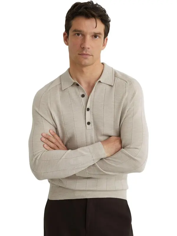 REISS Merino Wool Wide-rib Polo Jumper - Stone Mouline