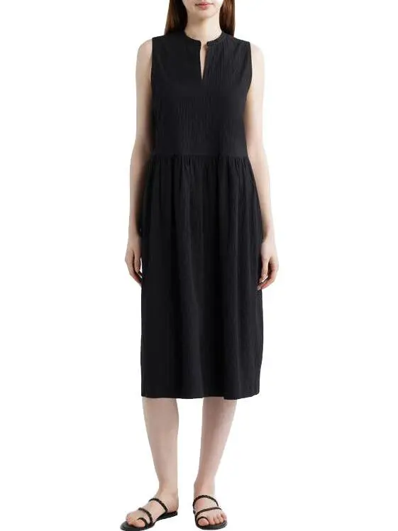 Eileen Fisher Split Neck Textured Stretch Cotton Dress - Black