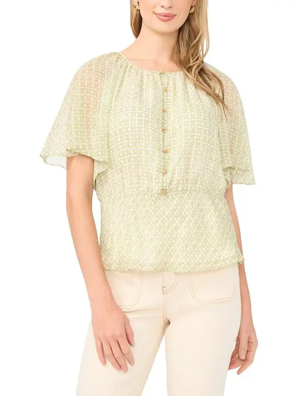 Vince Camuto Geo Print Ruffle Sleeve Top - Sage