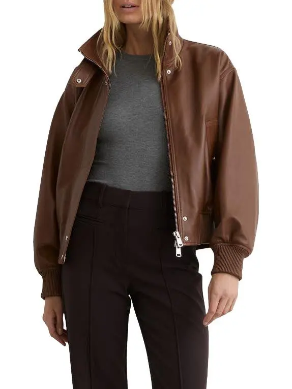 REISS Cara Leather Bomber Jacket - Chestnut Brown