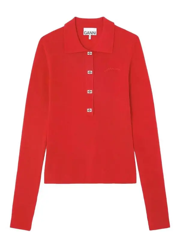 GANNI Logo-button Long-sleeve Polo Shirt - Red