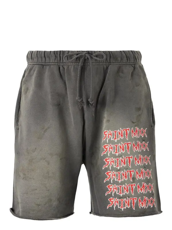 SAINT MXXXXXX Wide-leg Logo-print Distressed Cotton-jersey Shorts - Gray